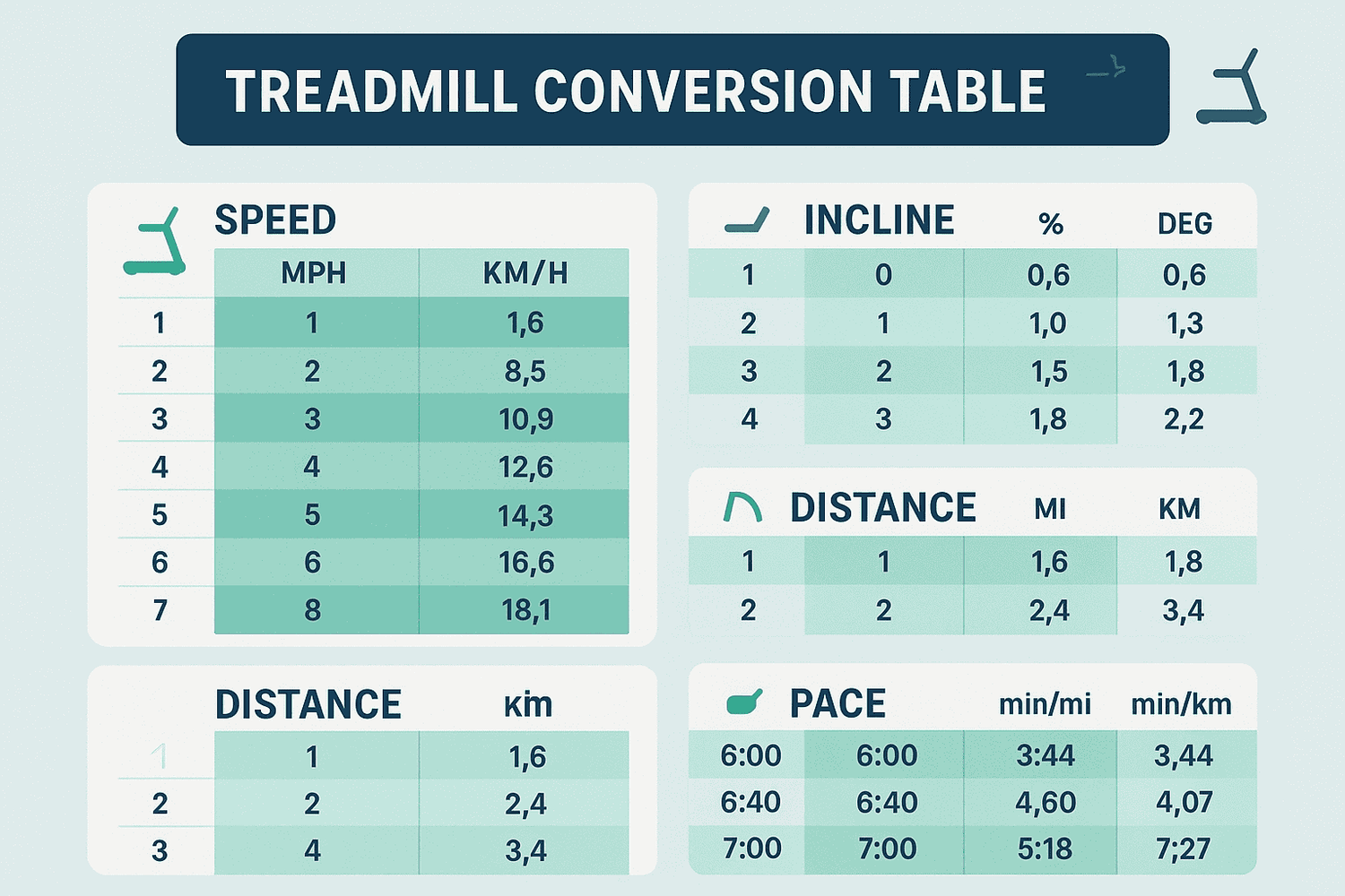 Treadmill Conversion Table: Speed, Pace & Incline Guide – Famistar.net