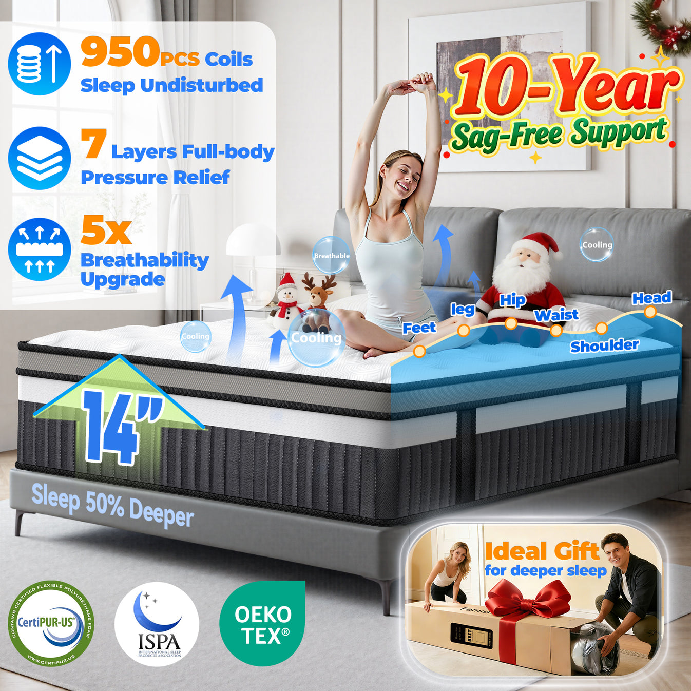 Famistar King Hybrid Mattress - 14 Inch Memory Foam, CertiPUR-US ...